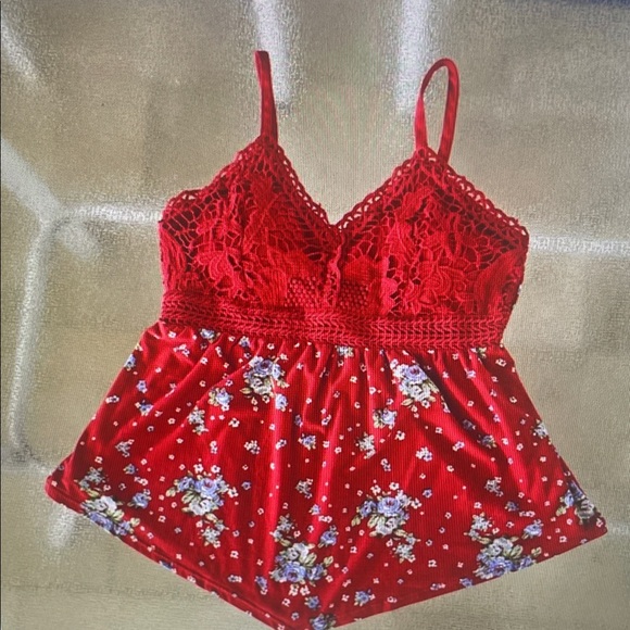 Tops | Vibrant Red Floral Lace Romper | Poshmark